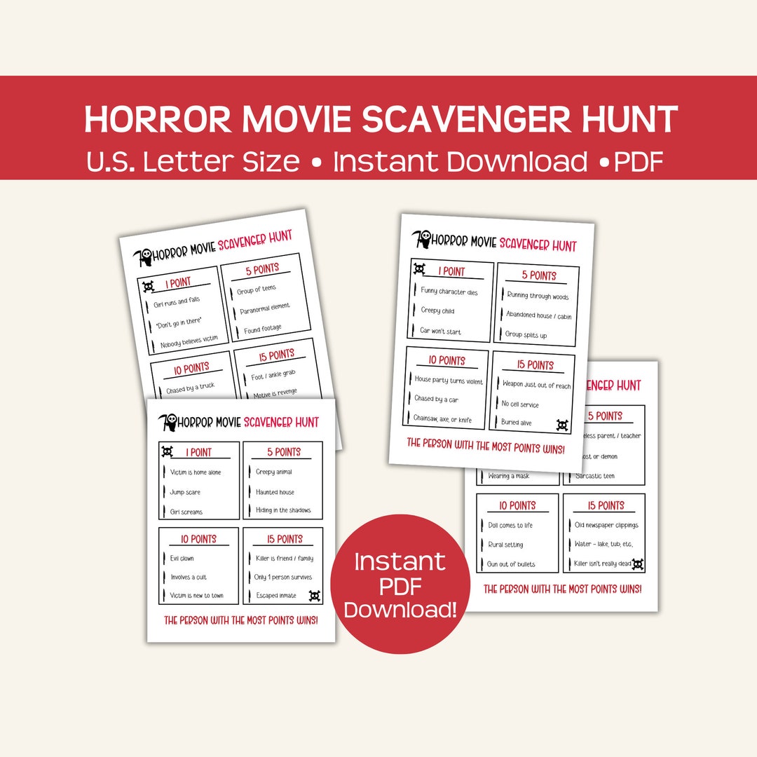 Printable Horror Movie Scavenger Hunt Game, for Lovers of Scary Movies ...