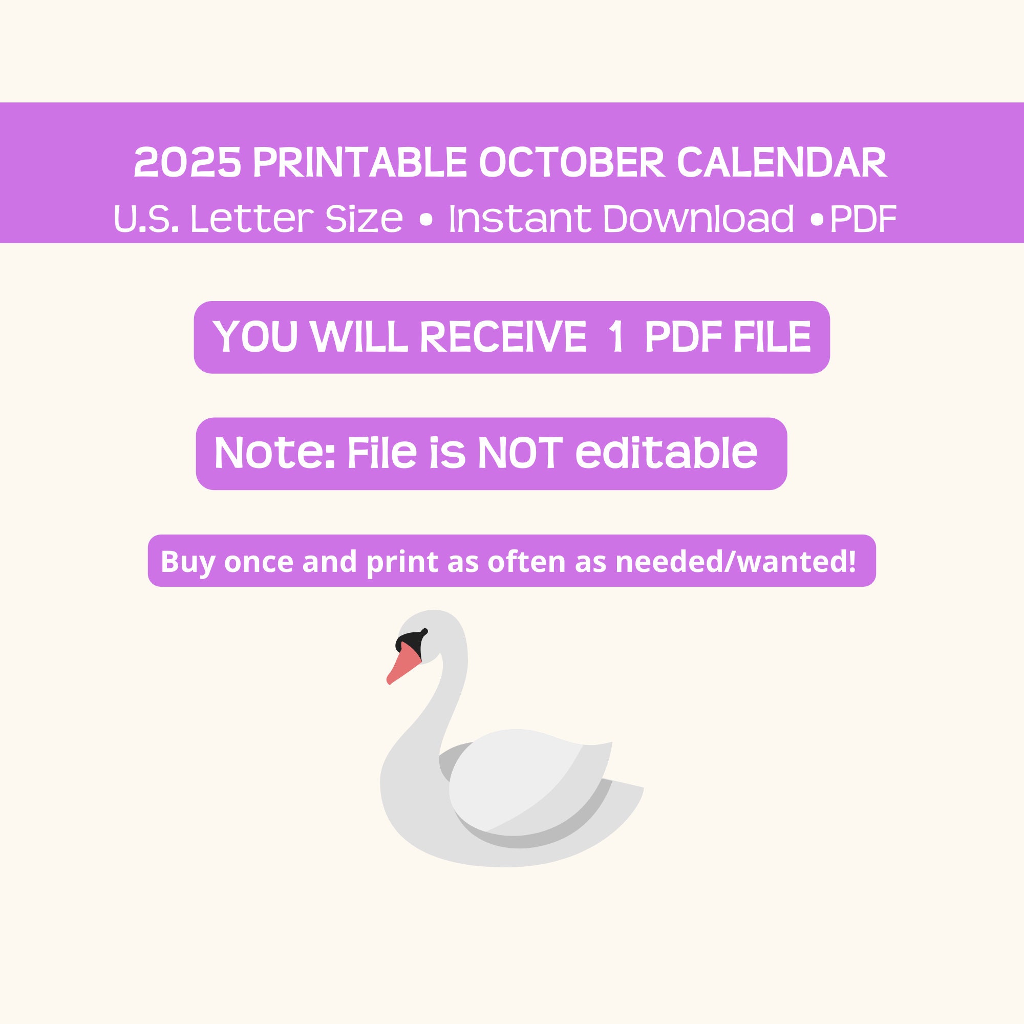 Printable October 2025 Calendar Page, Birth Month Bird Swan With ...