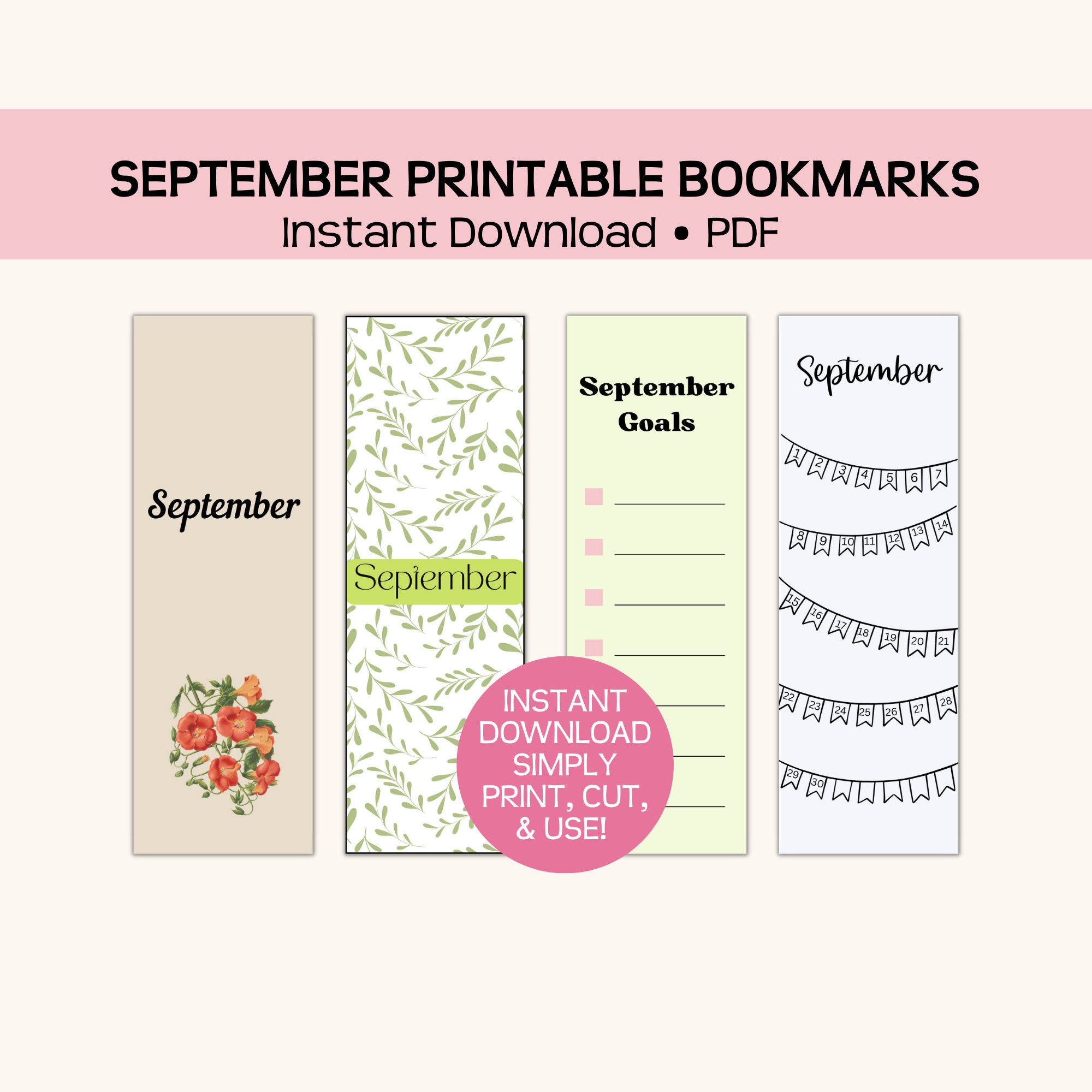 September Printable Bookmark Set, Instant Pdf Download, Gift for Book ...