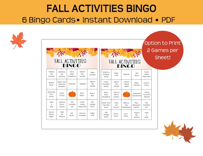 Fall Activities Bingo Fun Printable Game for Autumn Instant - Etsy