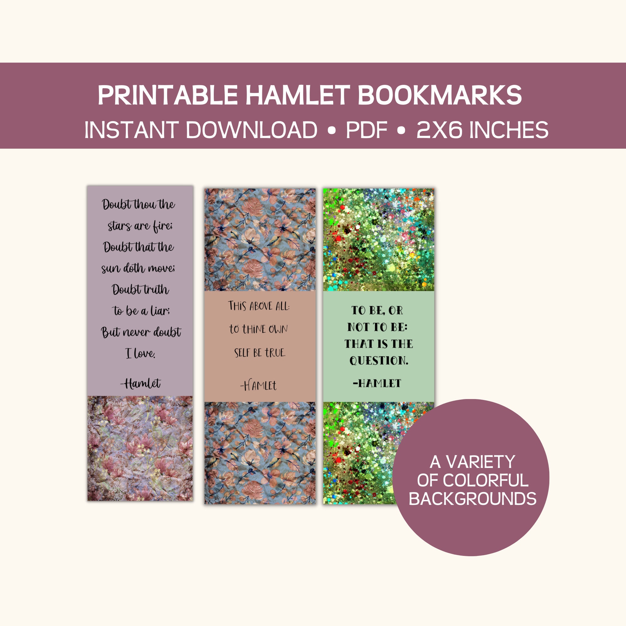 Printable Hamlet Bookmarks, William Shakespeare, Gift for Book Lovers ...