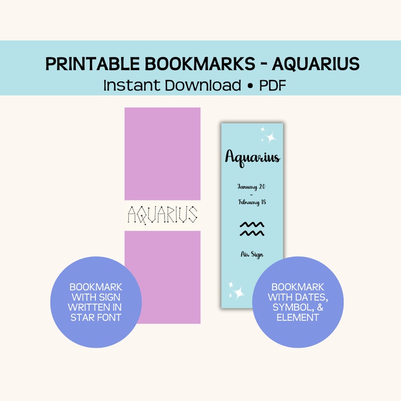 Printable Zodiac Bookmarks, Aquarius, Instant Pdf Download, Gift for Book Lovers and Astrology ...