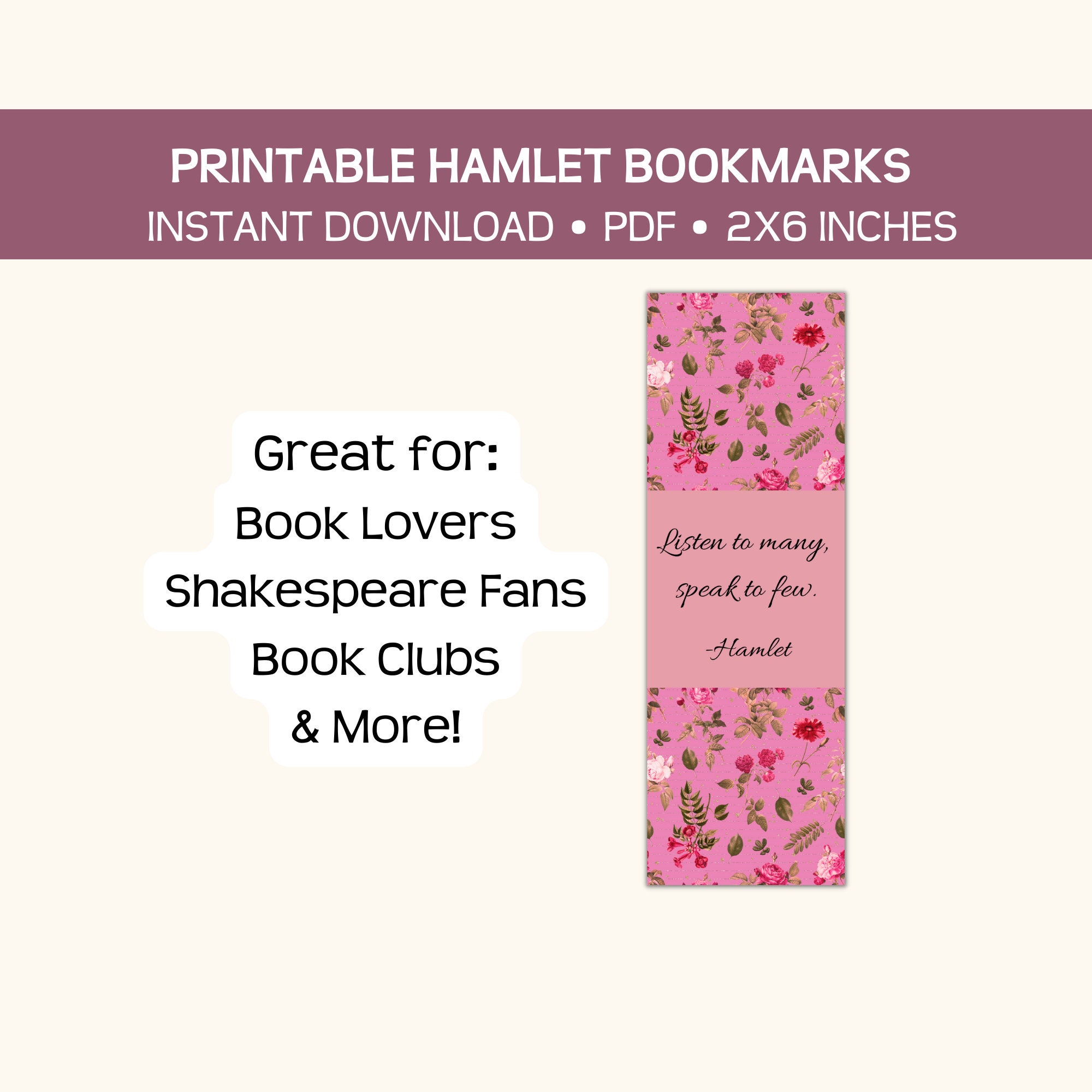 Printable Hamlet Bookmarks, William Shakespeare, Gift for Book Lovers ...