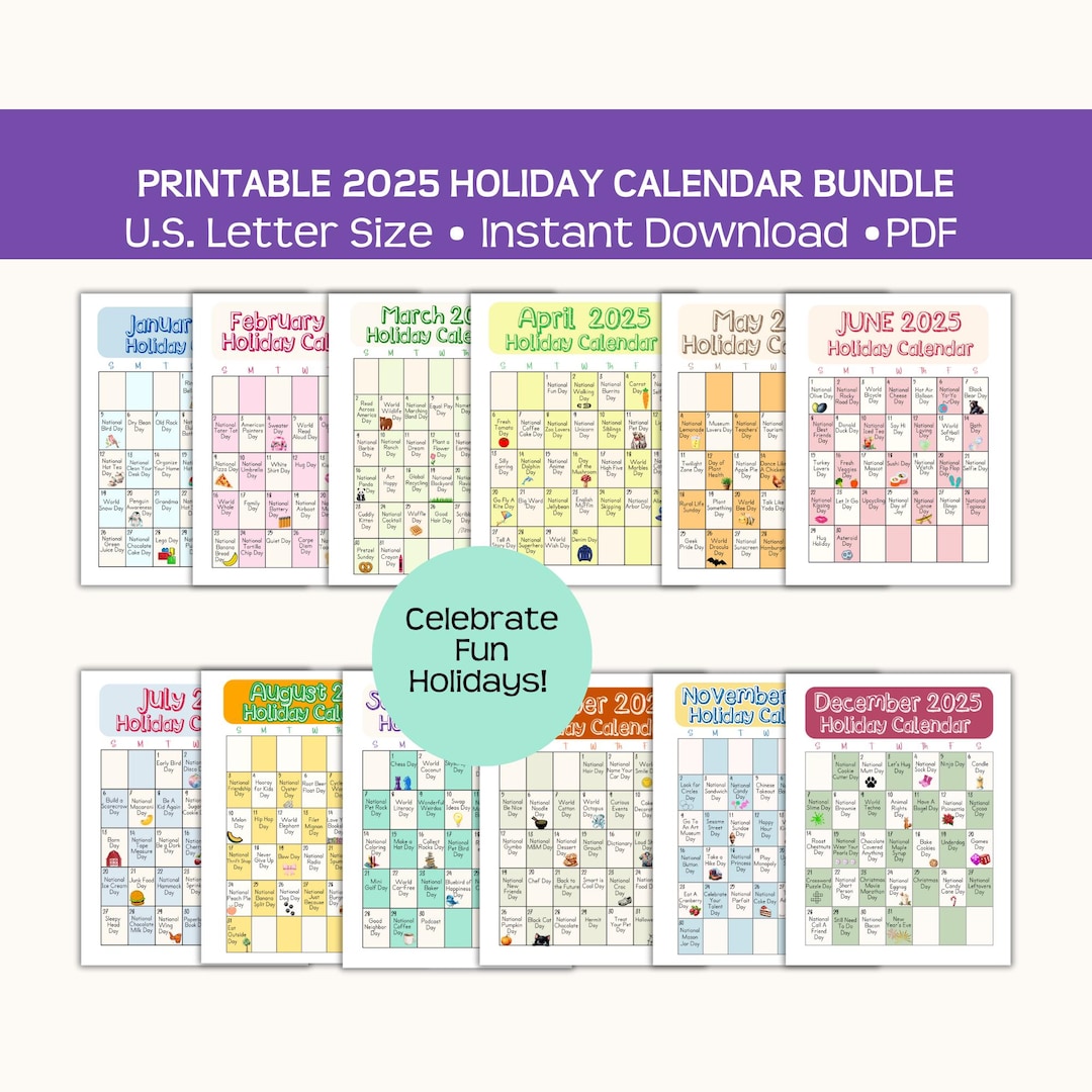 Printable 2025 Holiday Calendar Bundle, National Holidays, Fun and ...