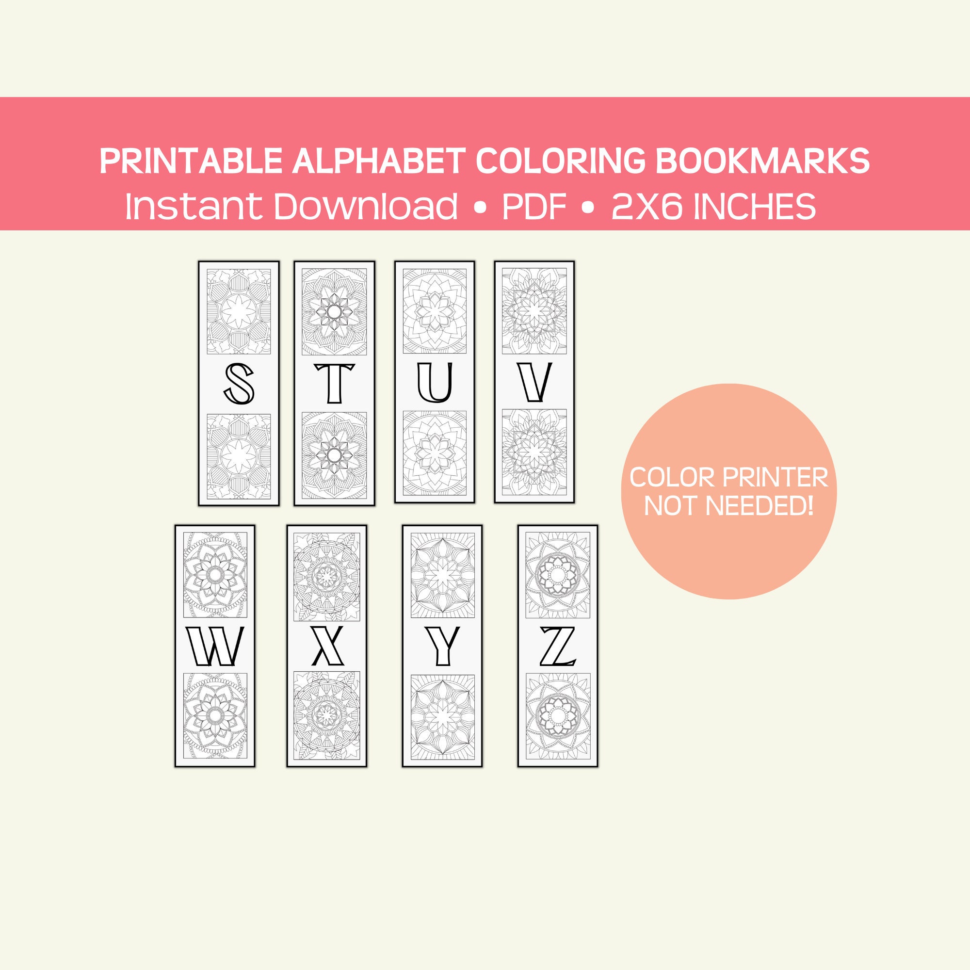 Printable Alphabet Coloring Bookmarks, Mandala, Instant Pdf Download ...