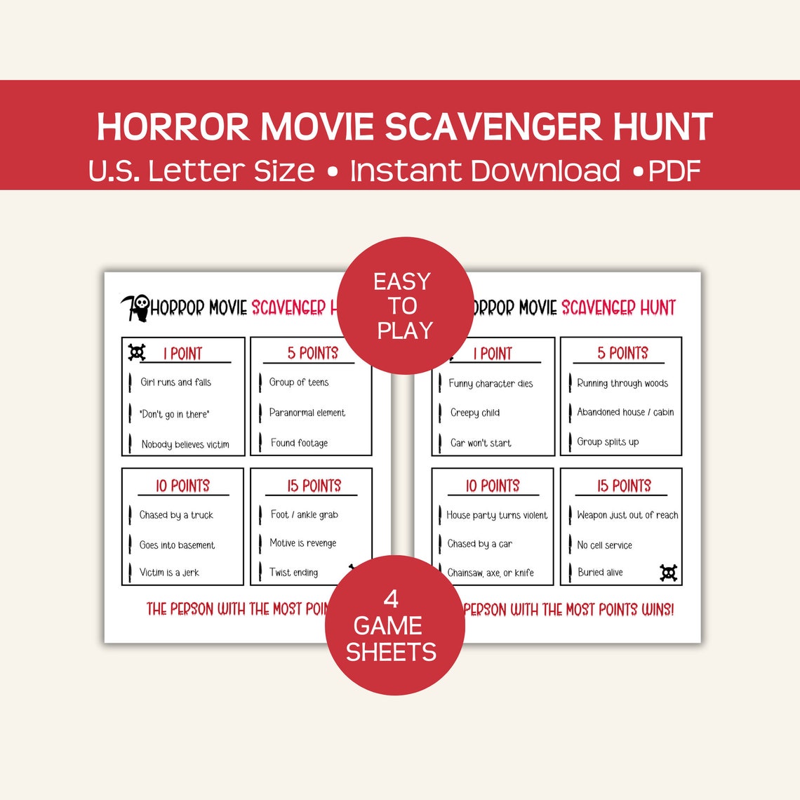 Printable Horror Movie Scavenger Hunt Game, for Lovers of Scary Movies ...