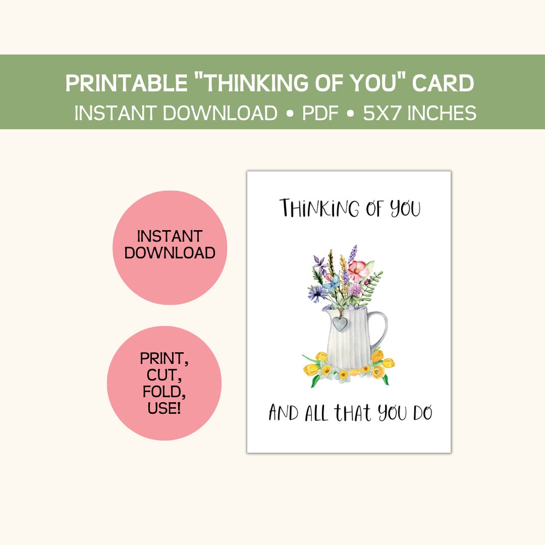Printable Thinking of You Card, Floral Design, Instant Pdf Download ...