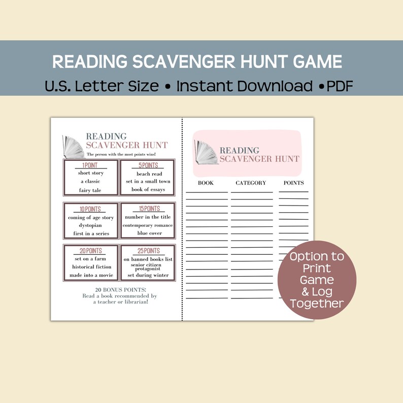 Printable Reading Scavenger Hunt Game, Instant Pdf Download, Fun ...