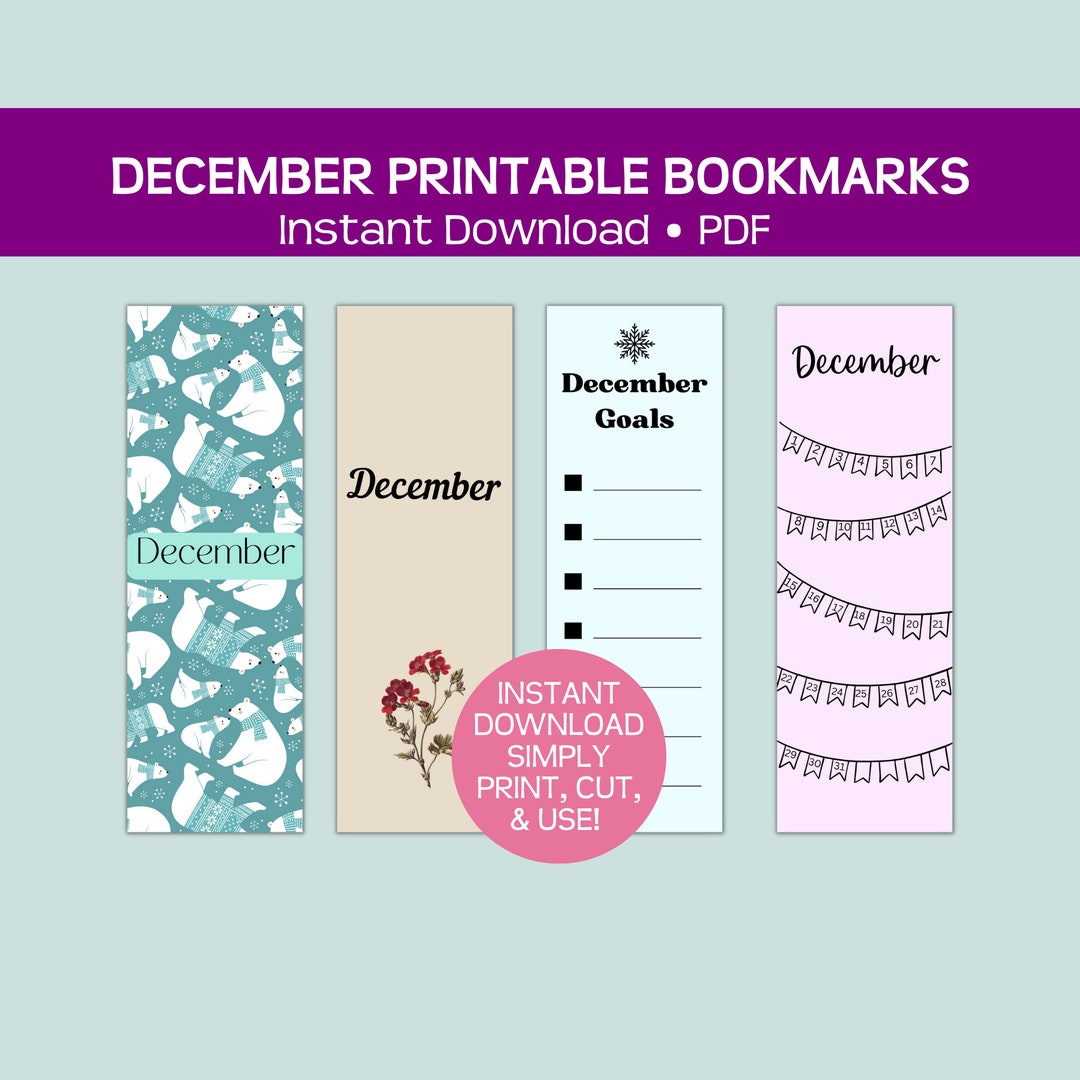 December Printable Bookmark Set, Instant Pdf Download, Gift for Book ...