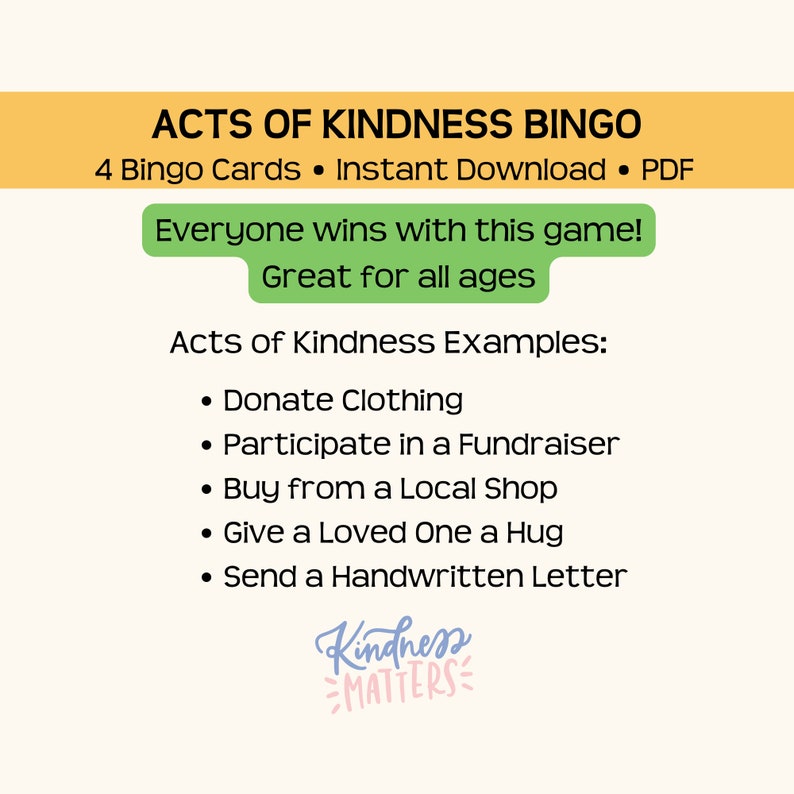 Printable Acts of Kindness Bingo Game, 4 Bingo Cards, Good Deeds, Pay ...