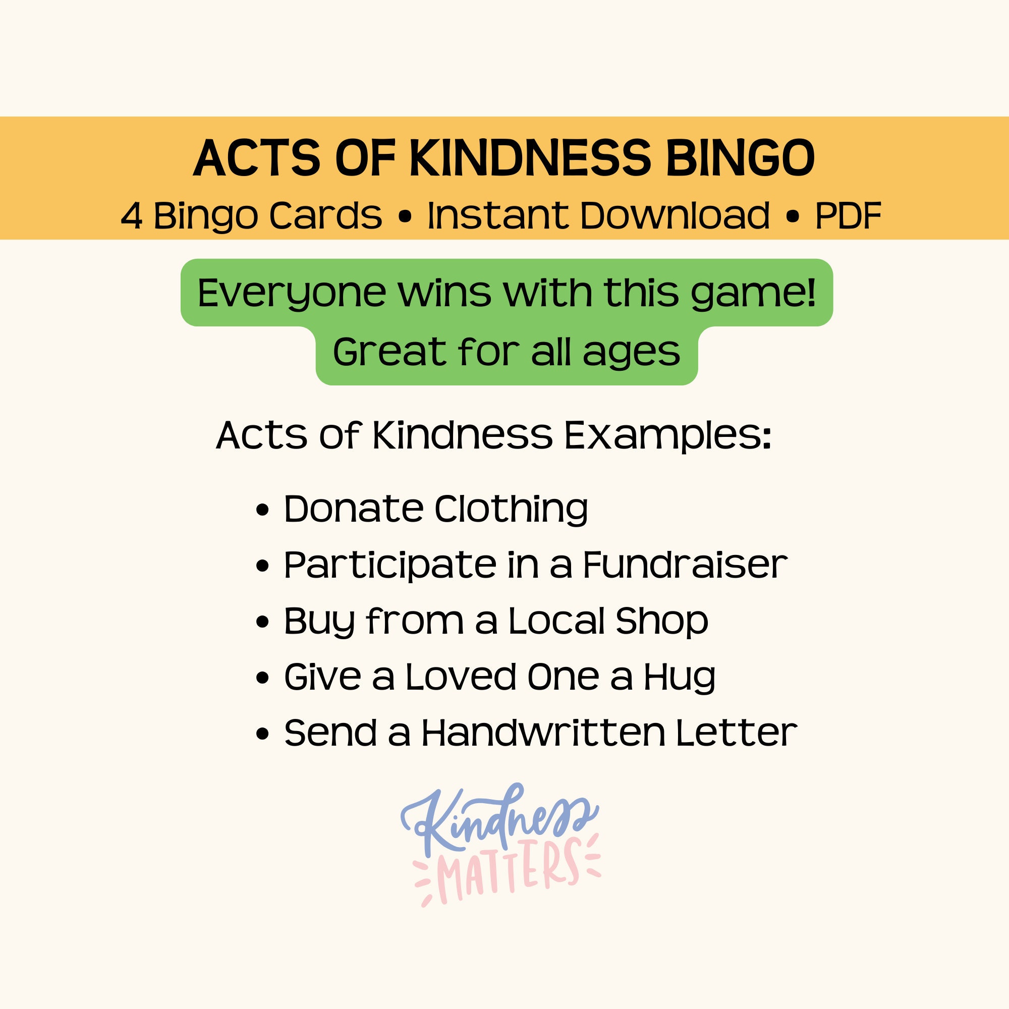 Printable Acts of Kindness Bingo Game, 4 Bingo Cards, Good Deeds, Pay ...