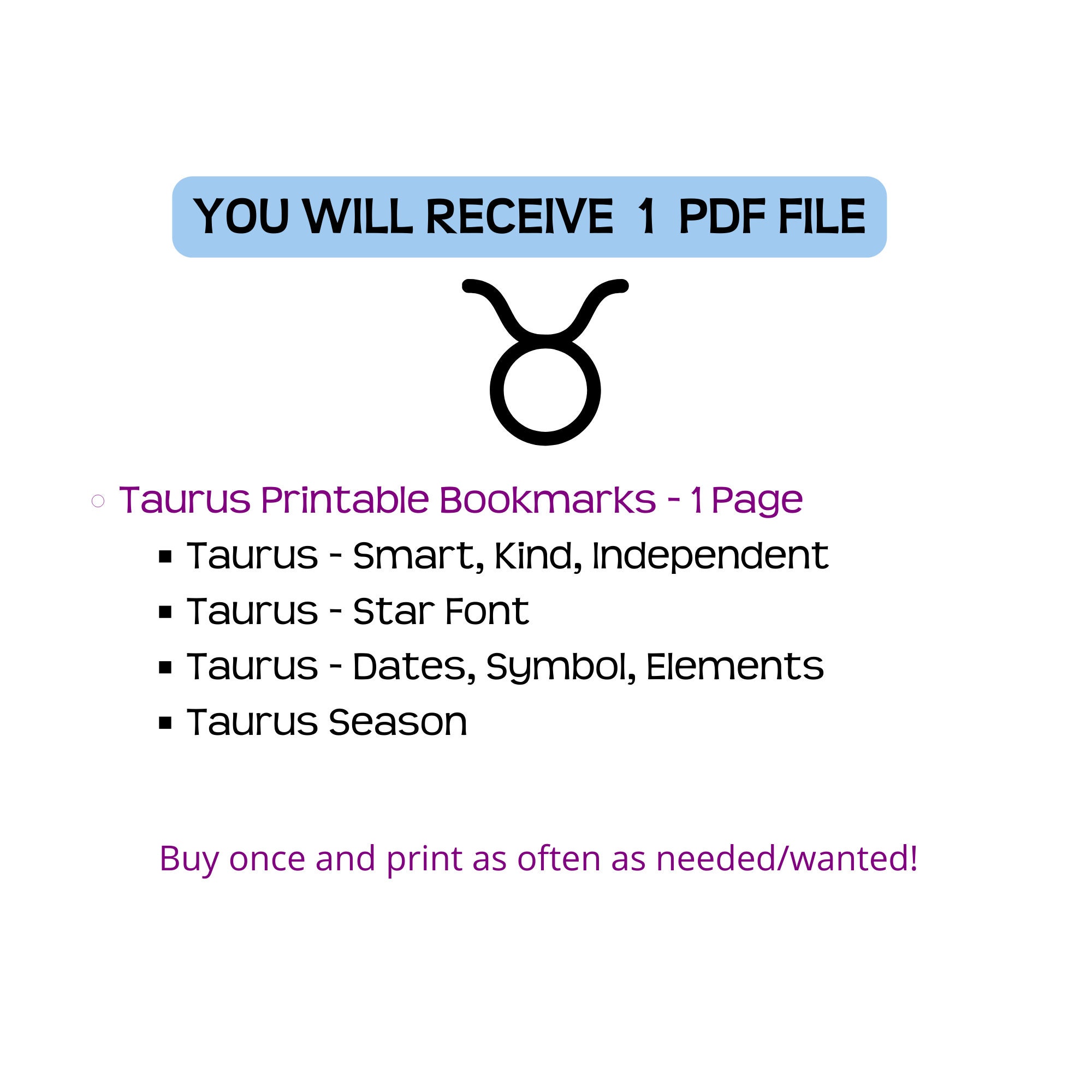 Taurus Printable Zodiac Bookmarks, Instant Pdf Download, Astrology and ...
