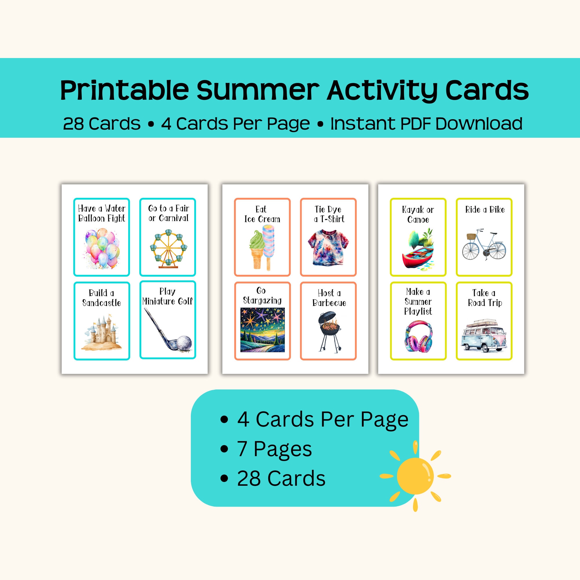 Printable Summer Activity Cards, 28 Cards, a Fun and Affordable Way to ...
