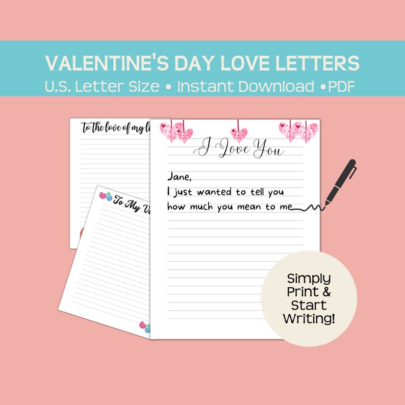 Valentine's Day Love Letters, Printable Lined Writing Paper for Love ...