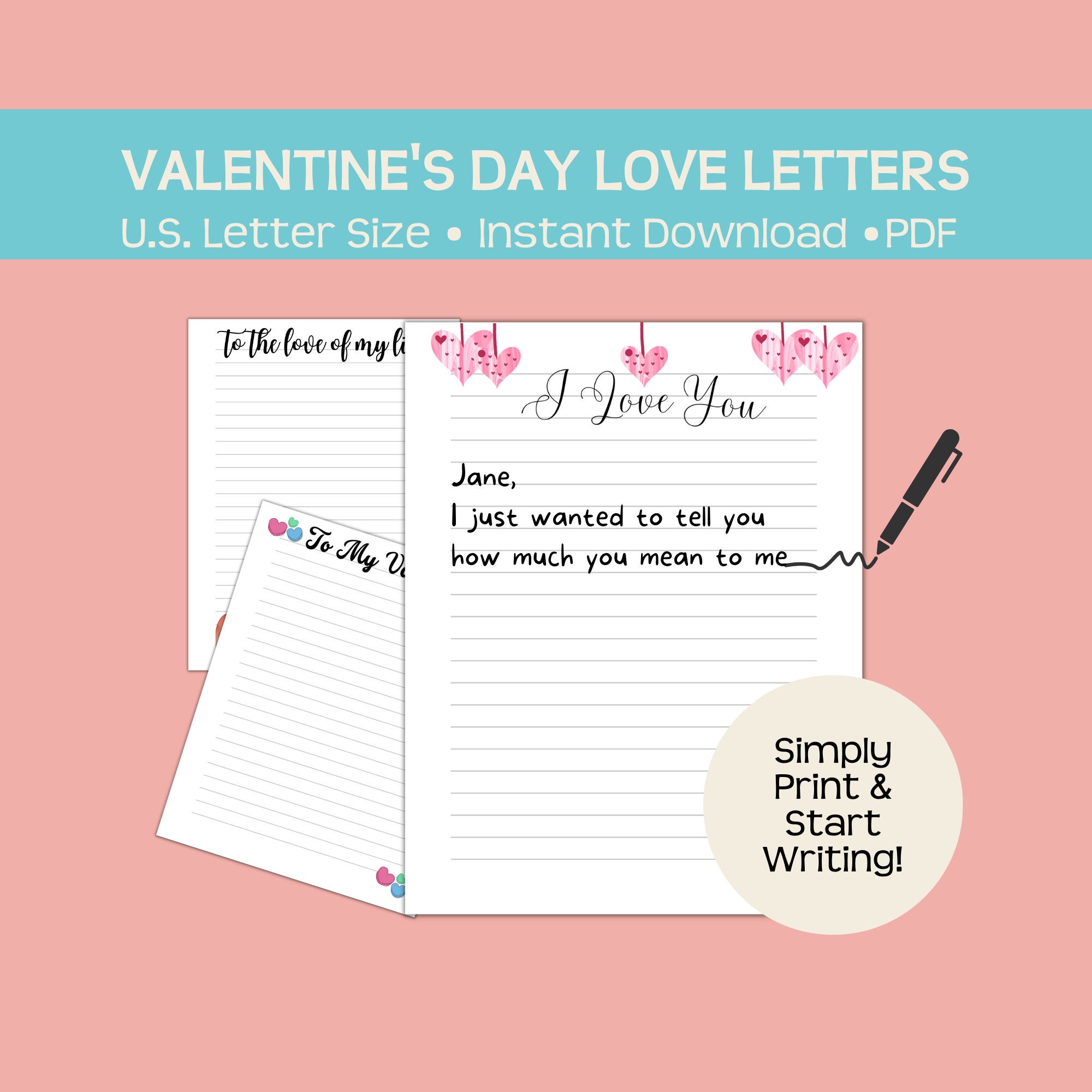 Valentine's Day Love Letters, Printable Lined Writing Paper for Love ...