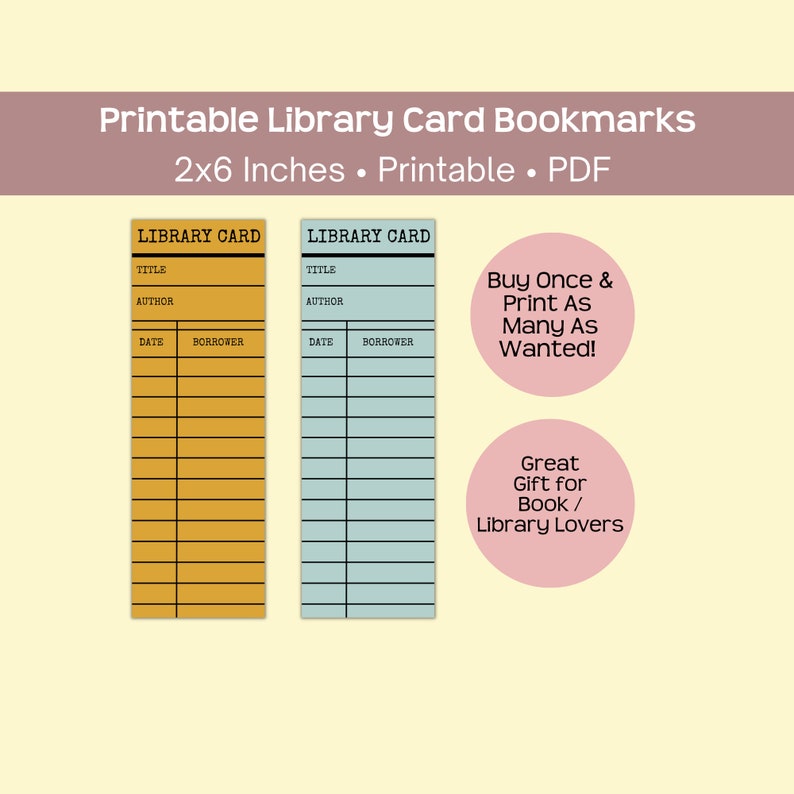 Printable Library Card Bookmarks: Gift for Bookworms (PDF Download) - Etsy