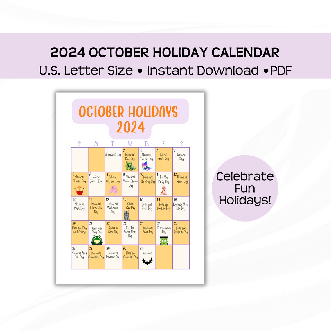 Printable October 2024 Holiday Calendar Page, Fun & Wacky Holidays ...