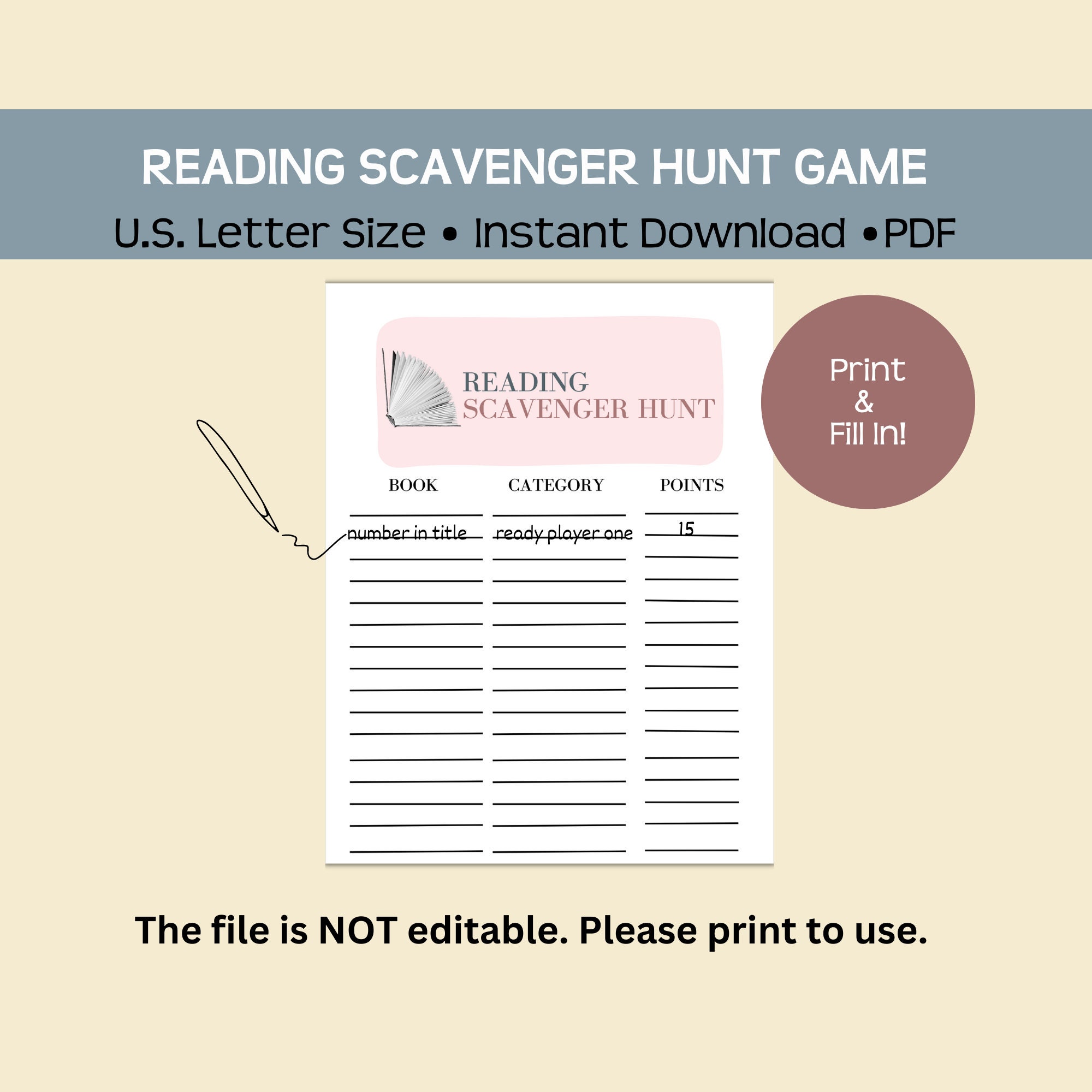 Printable Reading Scavenger Hunt Game, Instant Pdf Download, Fun ...
