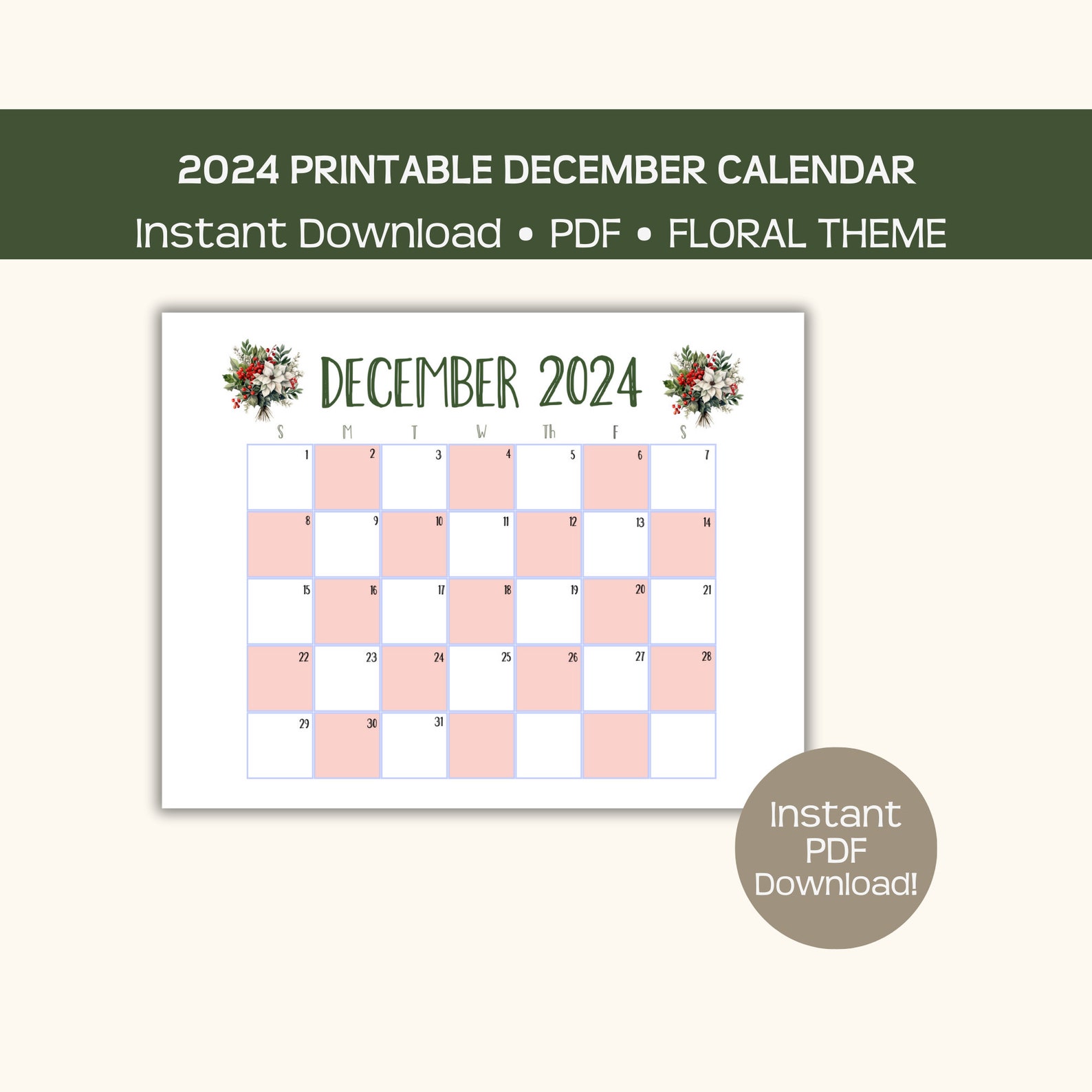 December 2024 Printable Calendar Featuring Holly Flowers, Instant Pdf ...