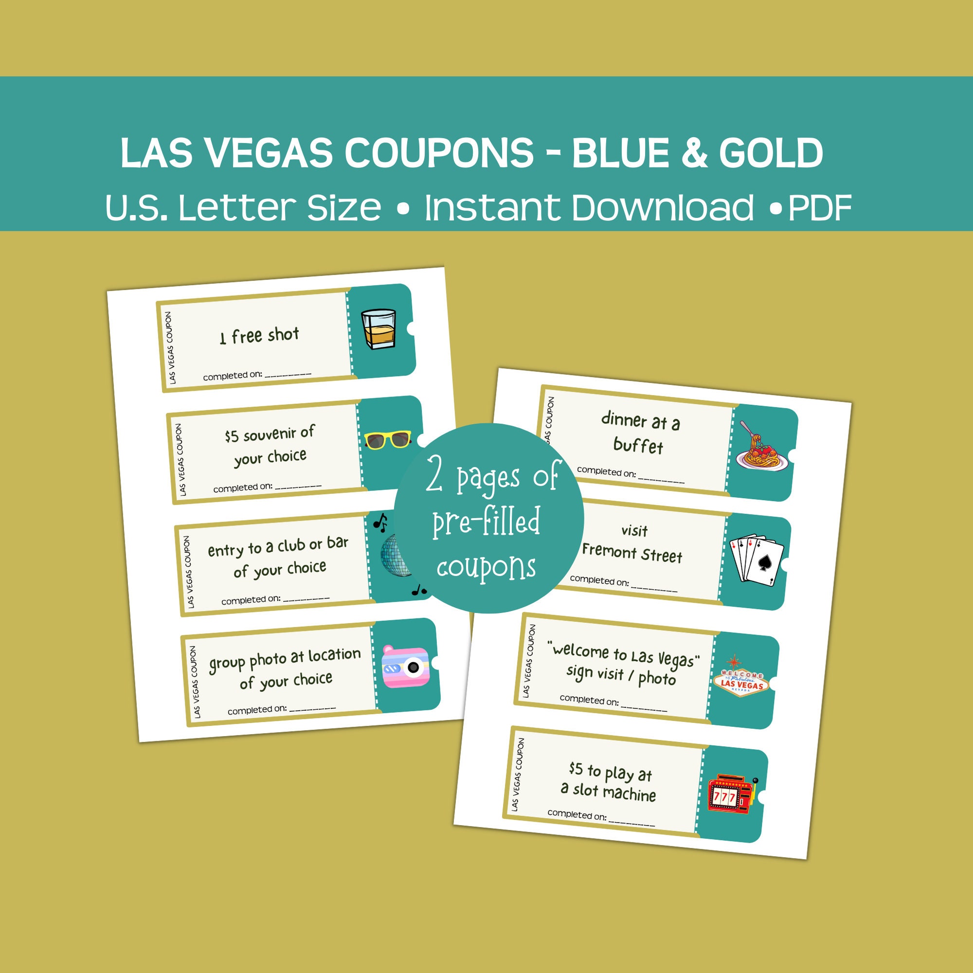 Printable Las Vegas Coupons, Blue and Gold, Party Favors, Instant PDF ...