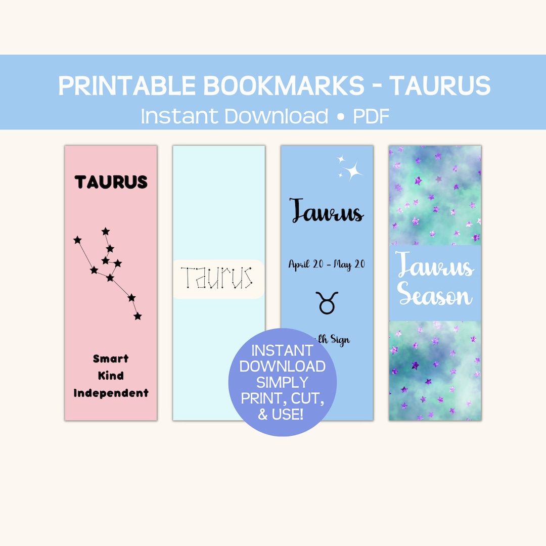 Taurus Printable Zodiac Bookmarks, Instant Pdf Download, Astrology and ...