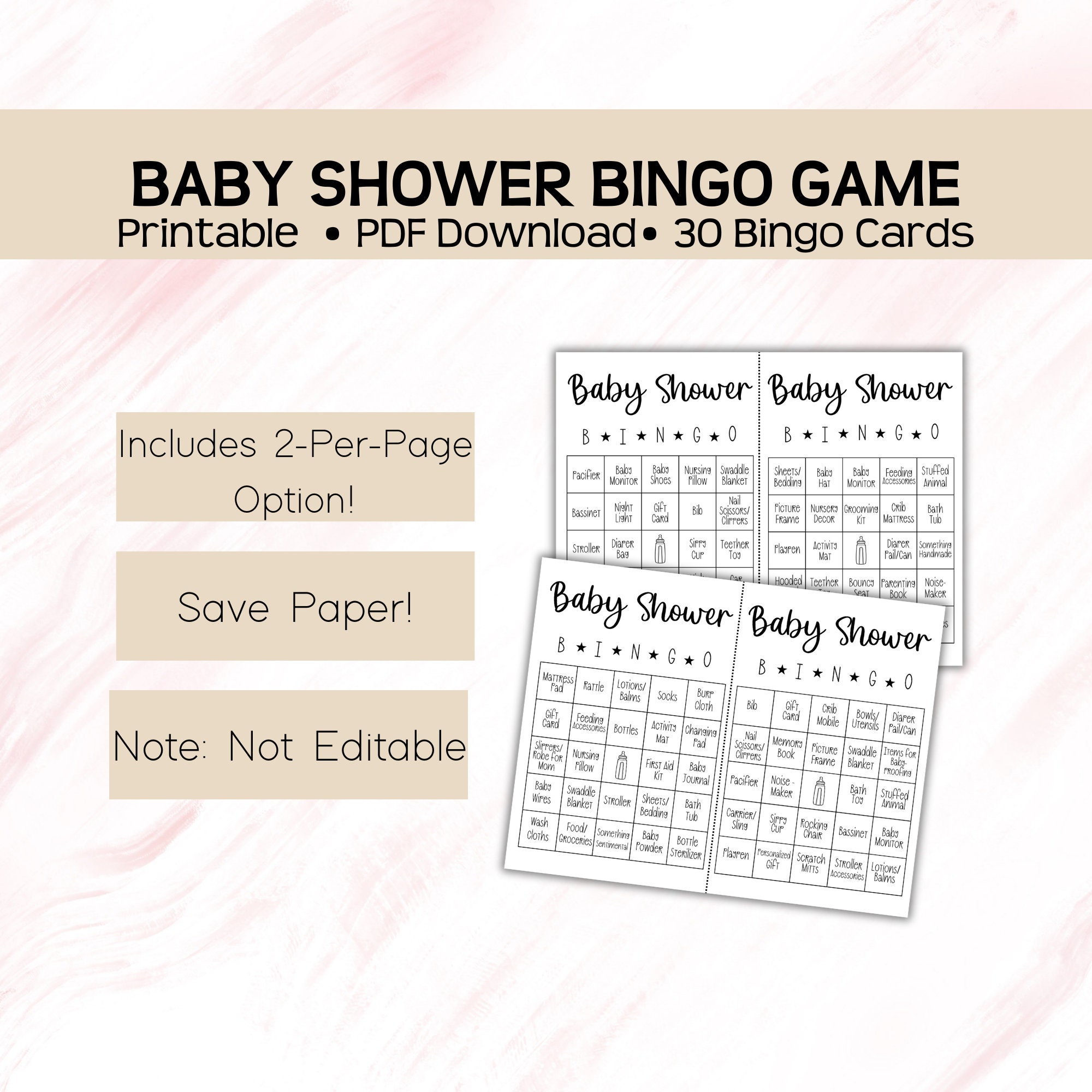 Baby Shower Bingo, Printable Game, 30 Bingo Cards, Black and White ...