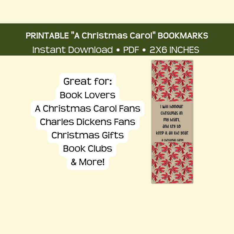 Printable a Christmas Carol Bookmarks, Charles Dickens, Gift for Book ...