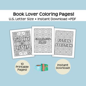Printable Book Lover Coloring Pages, 10 Sheets, Instant Pdf Download ...