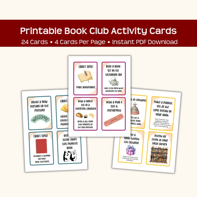 Printable Book Club Activity Cards: Fun Bookish Prompts (PDF ...