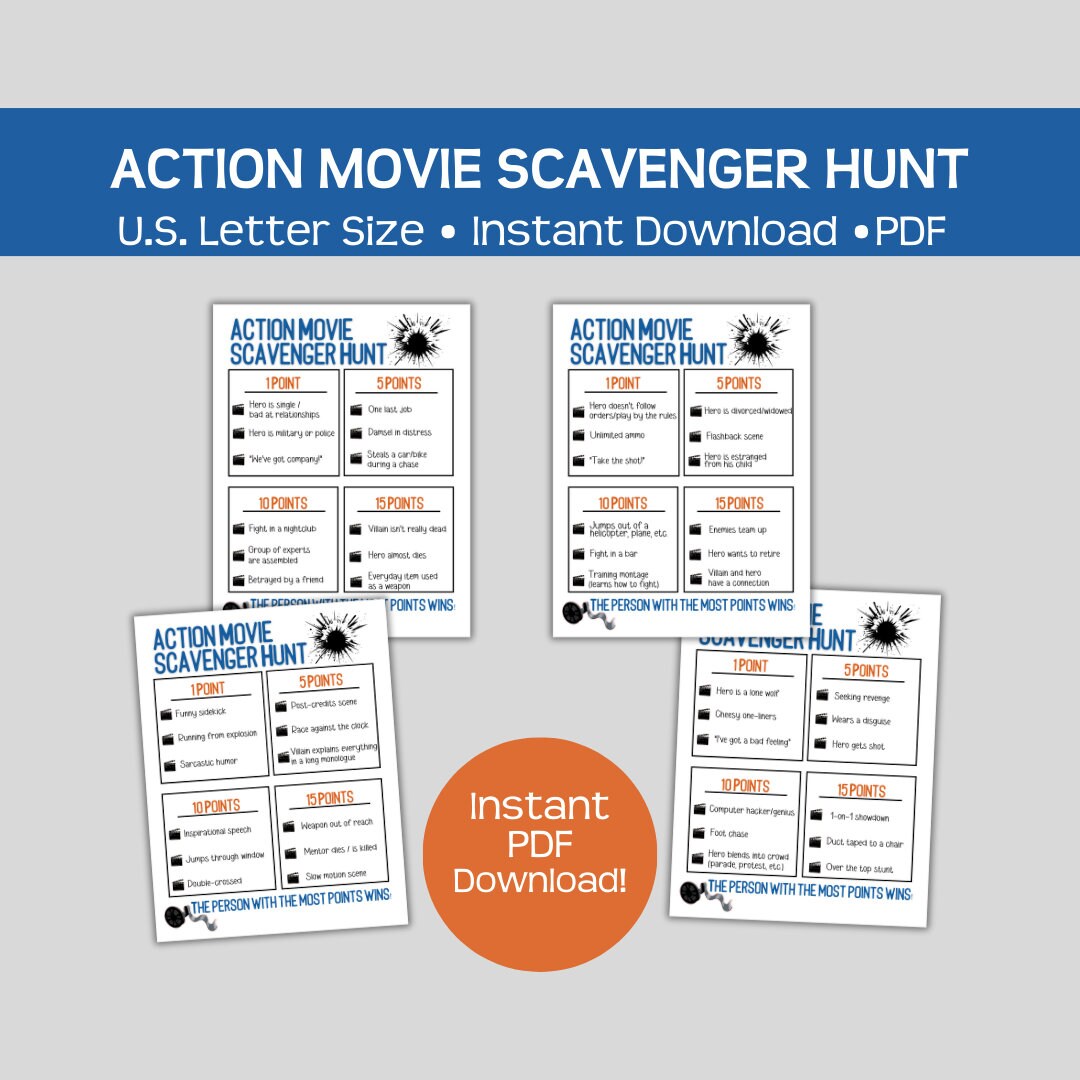 Action Movie Scavenger Hunt: Printable Family Game Night (PDF Download ...