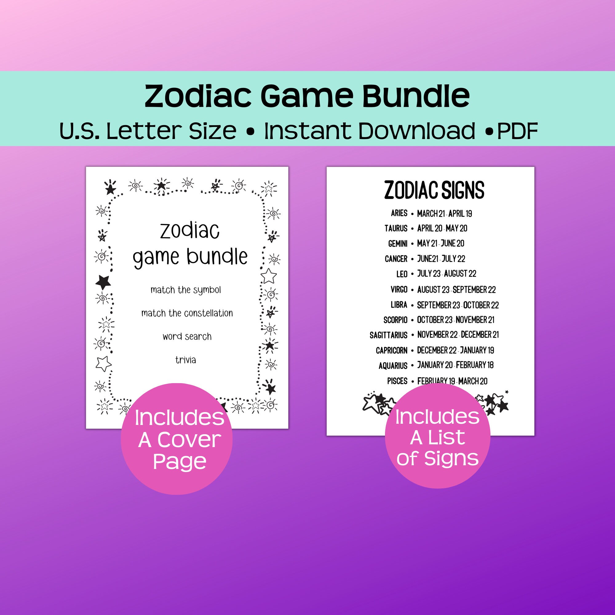 Zodiac Game Bundle: Astrology Trivia, Word Search (PDF Download) - Etsy
