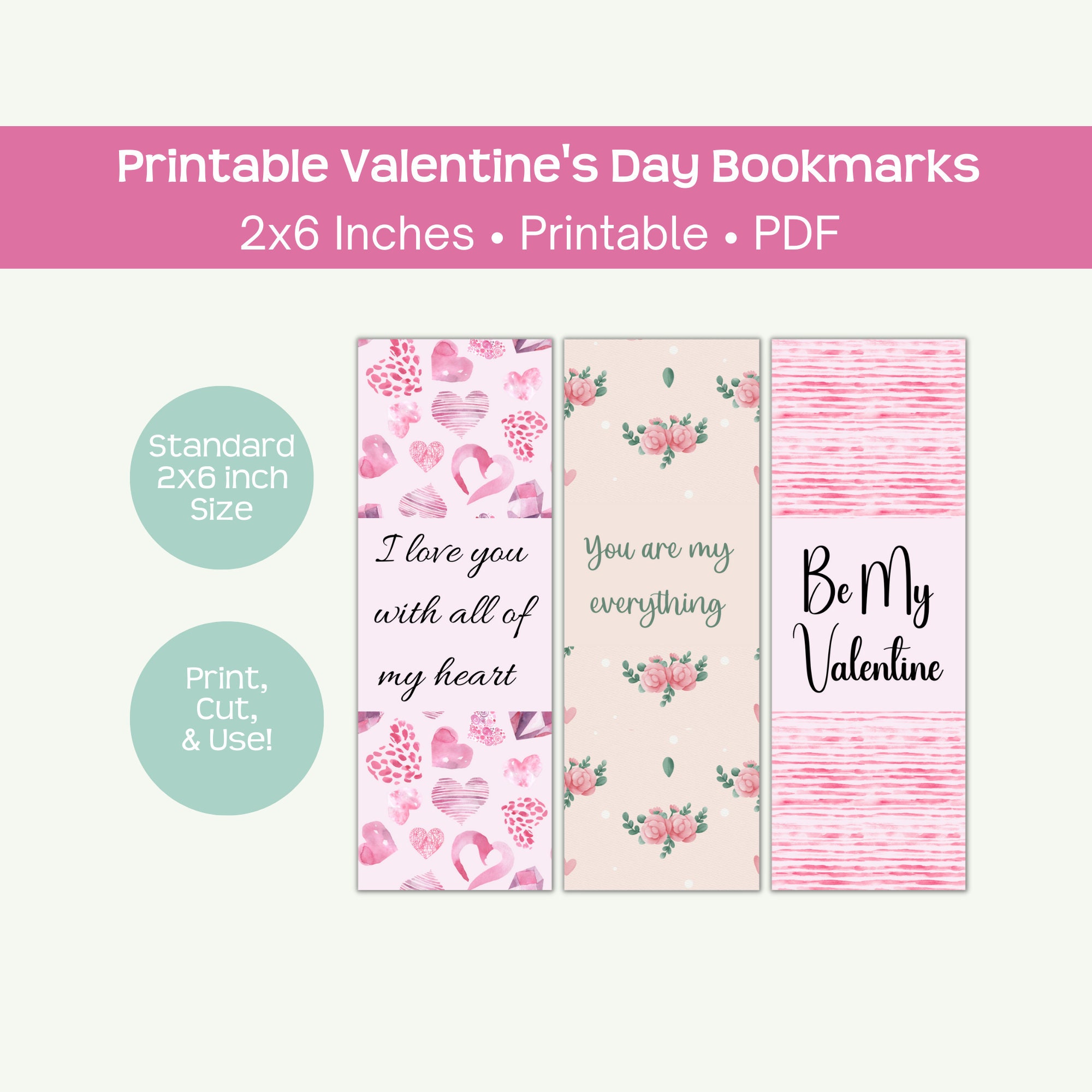 Printable Valentine's Day Bookmarks, Hearts and Flowers, Instant Pdf ...
