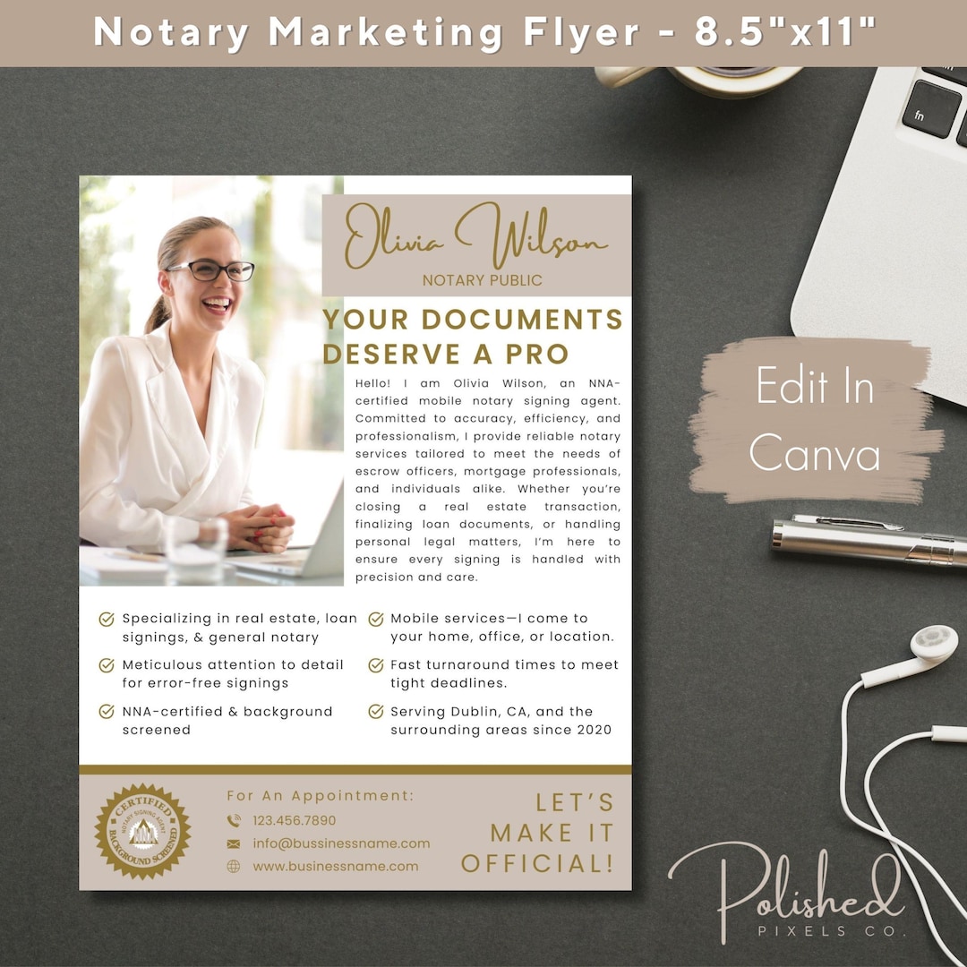 Tan & Gold Notary Marketing Flyer Template Digital Download for Escrow ...