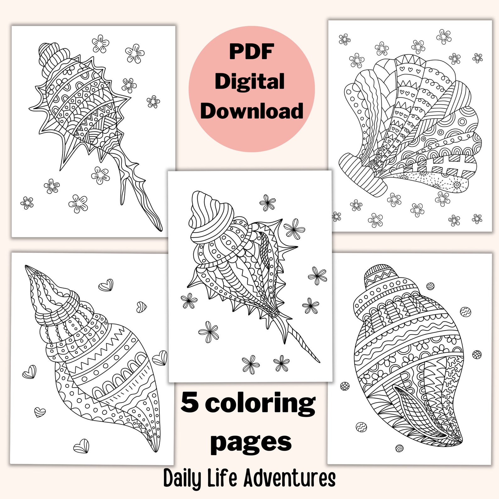 Seashell Coloring Pages, Printable Coloring Pages, Adult Coloring Pages ...