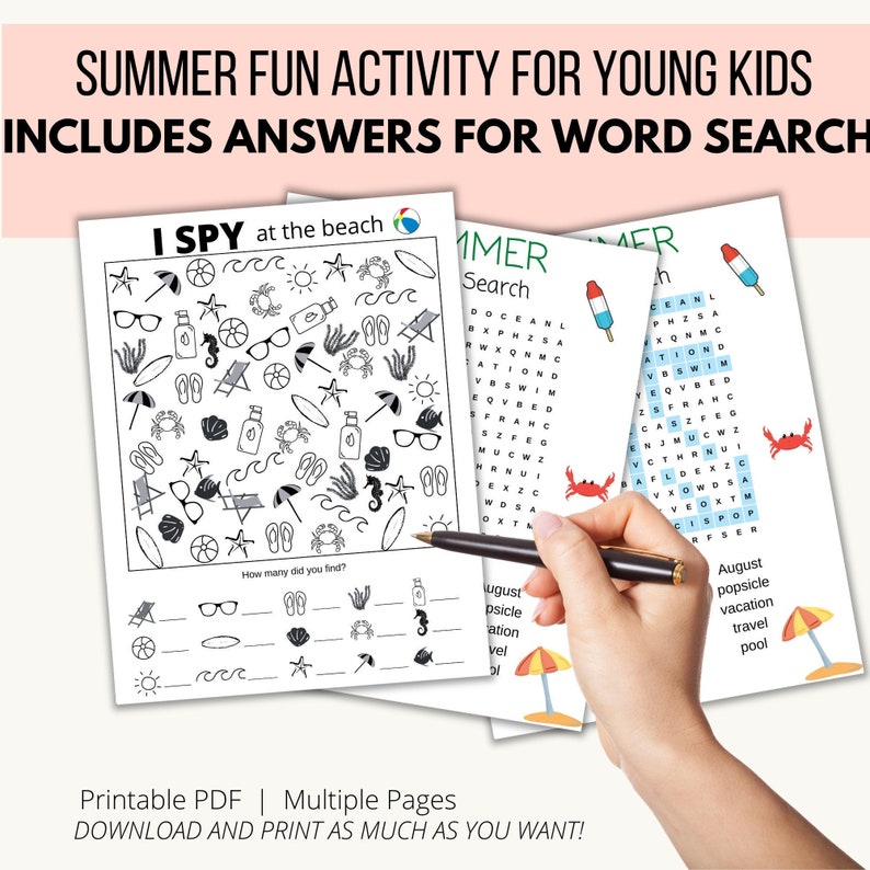 Summer Word Search and I Spy the Beach, Printable Activity for Young ...