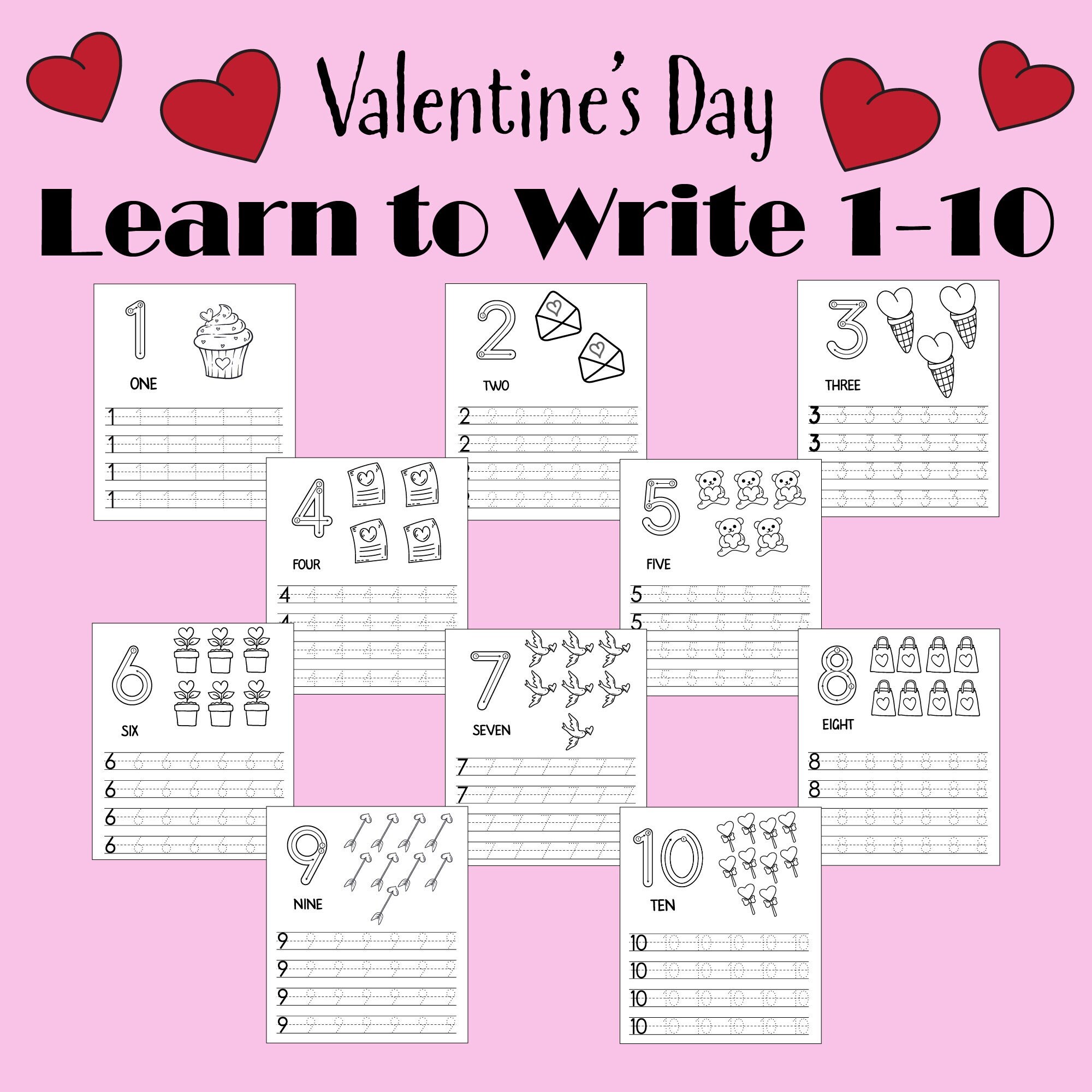 Learn to Write 1-10, Valentine's Day Learn to Write Numbers, Printable ...