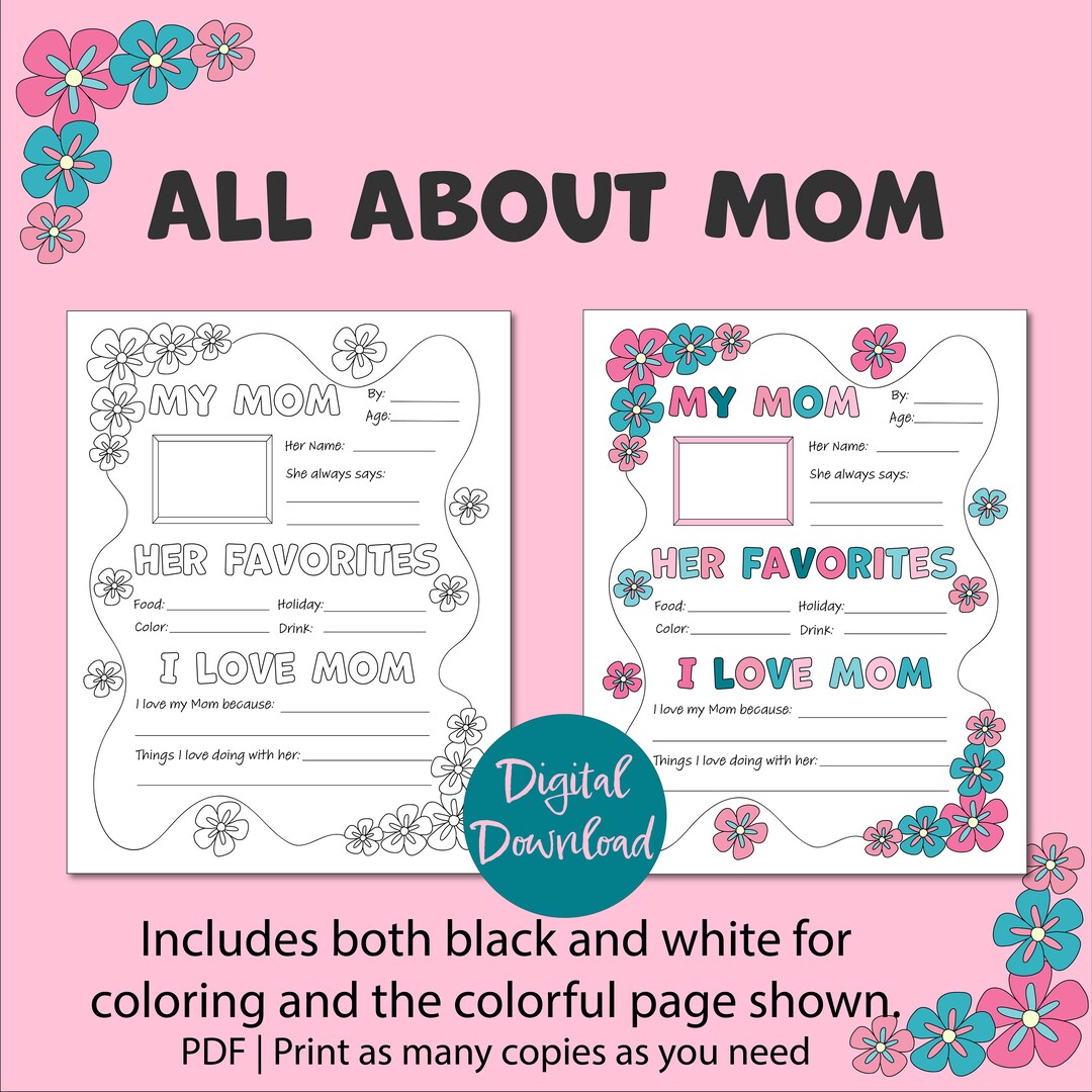All About Mom Printable, Mother's Day Gift, Mother's Day Printable ...