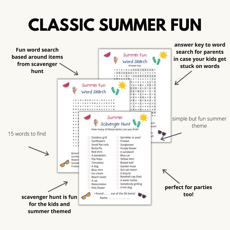 Summer Scavenger Hunt and Word Search, Fun Printables for Kids, Summer ...