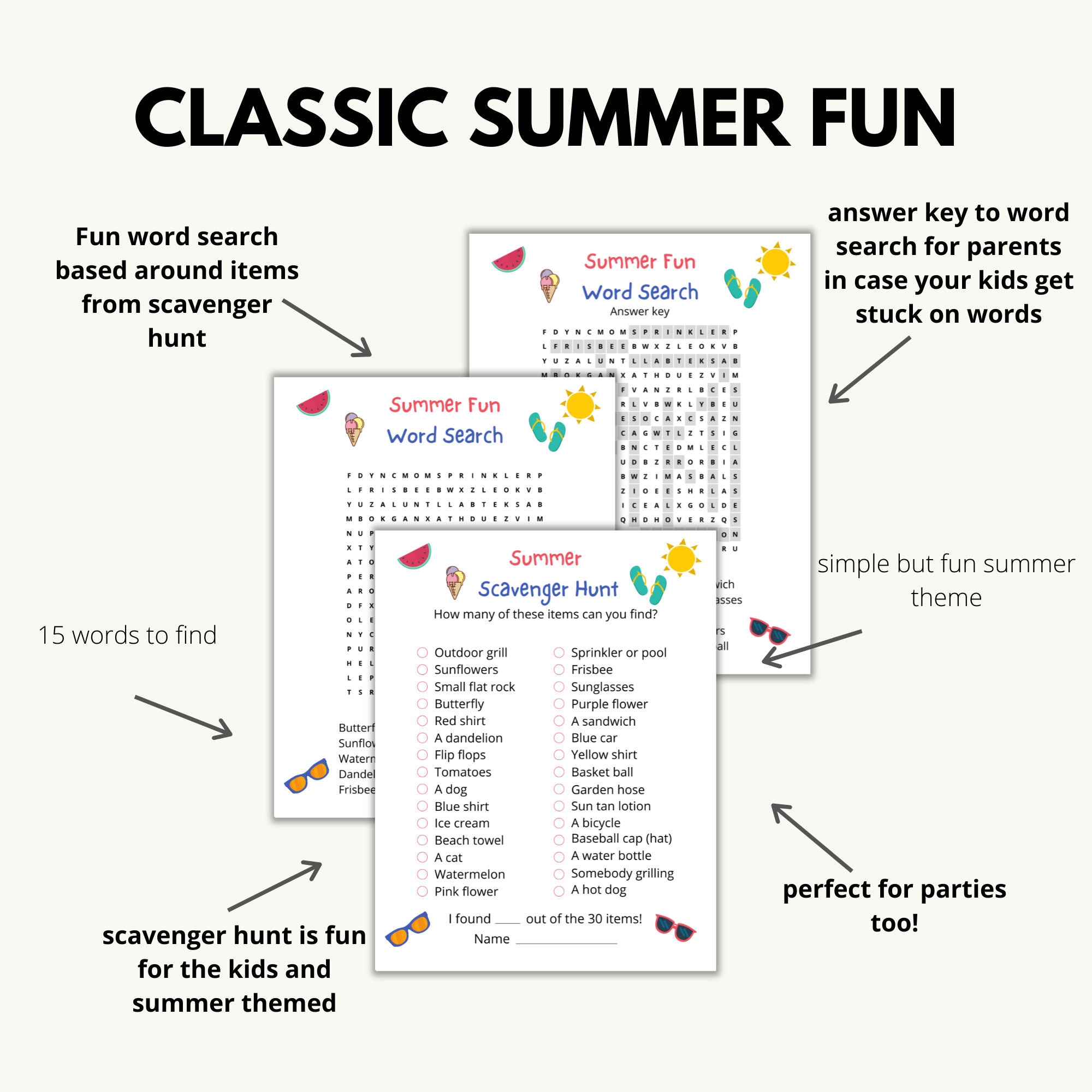 Summer Scavenger Hunt and Word Search, Fun Printables for Kids, Summer ...