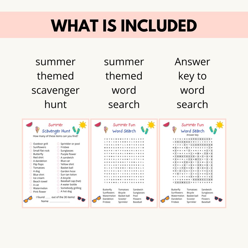 Summer Scavenger Hunt and Word Search, Fun Printables for Kids, Summer ...