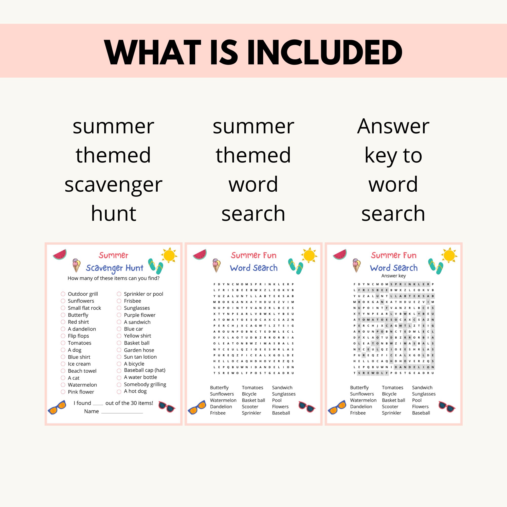 Summer Scavenger Hunt and Word Search, Fun Printables for Kids, Summer ...