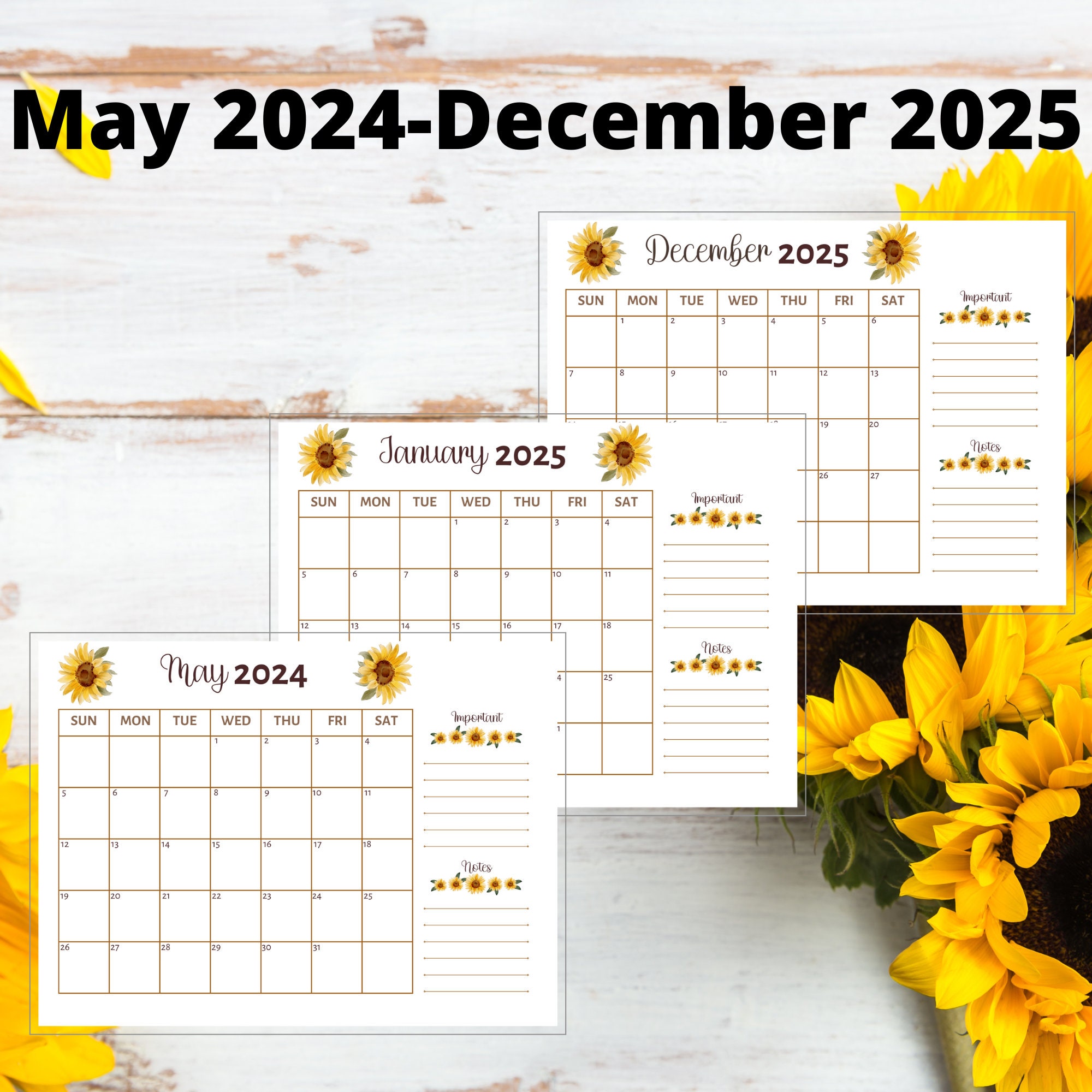 20 Month Sunflower Calendar May 2024-2025, Printable Calendar May 2024 ...