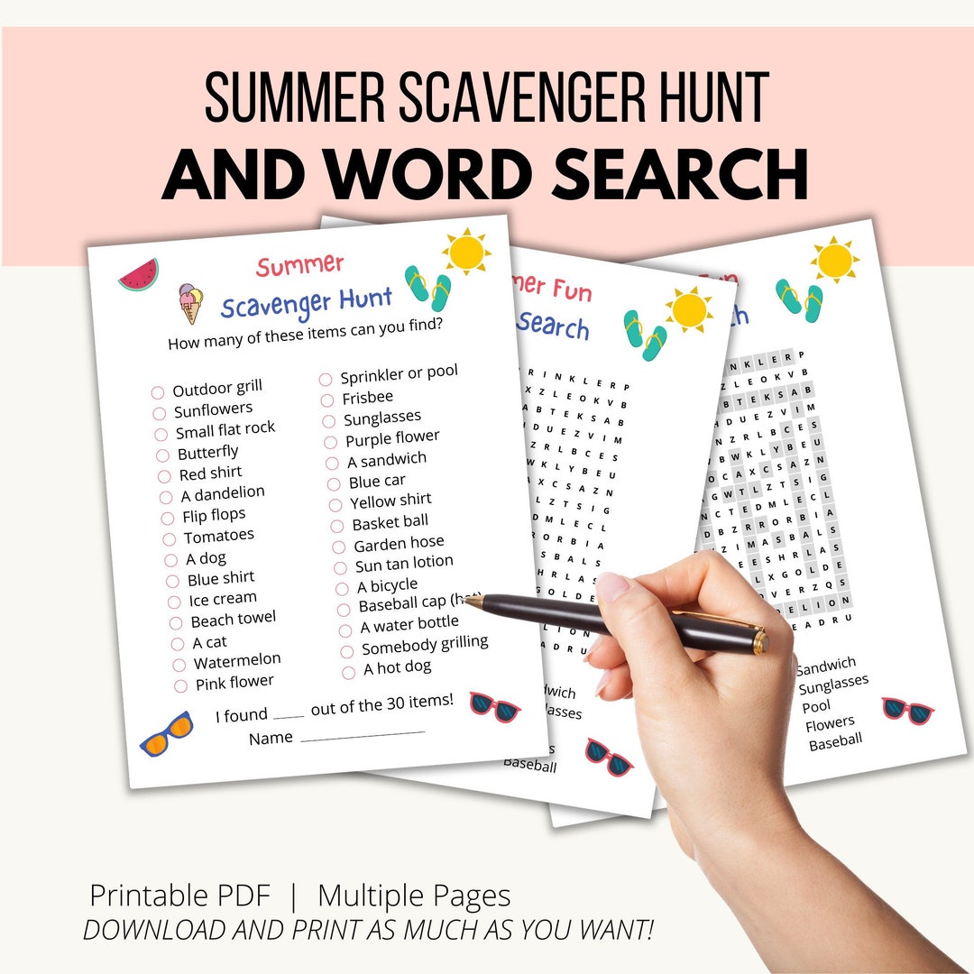 Summer Scavenger Hunt and Word Search, Fun Printables for Kids, Summer ...