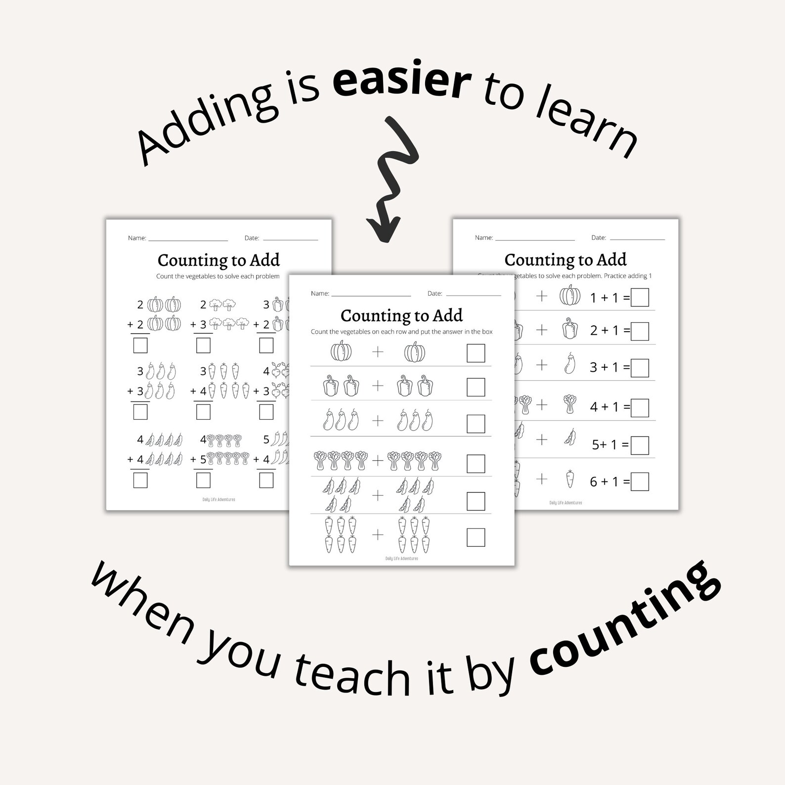 Count to Add Math Worksheets, Homeschool Math Printables, Learning to ...