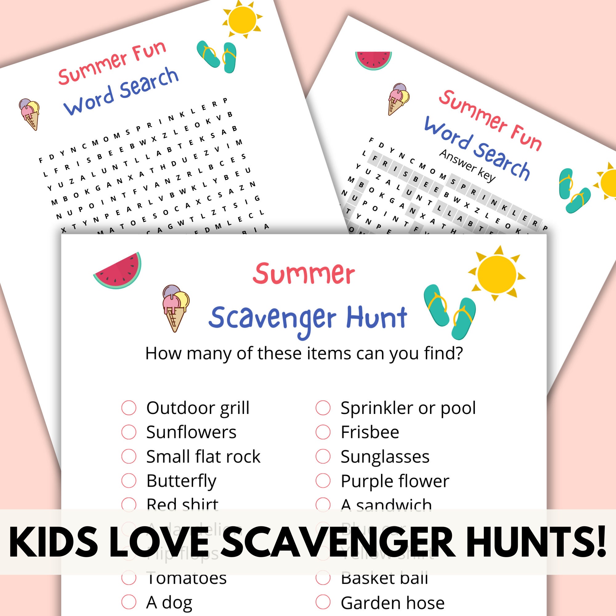 Summer Scavenger Hunt and Word Search, Fun Printables for Kids, Summer ...