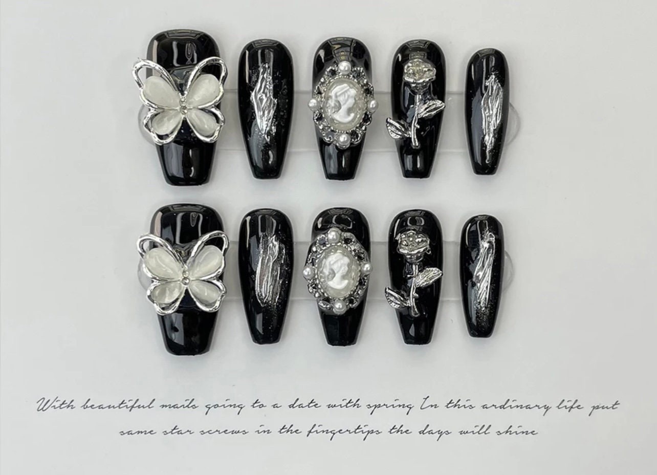 Handmade Luxury Press on Nails Rhinestone Coffin Head Manicuree ...