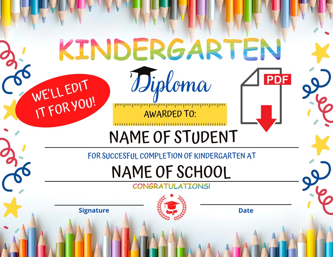 Editable Kindergarten Diploma, Kindergarten Graduation, Certificate ...