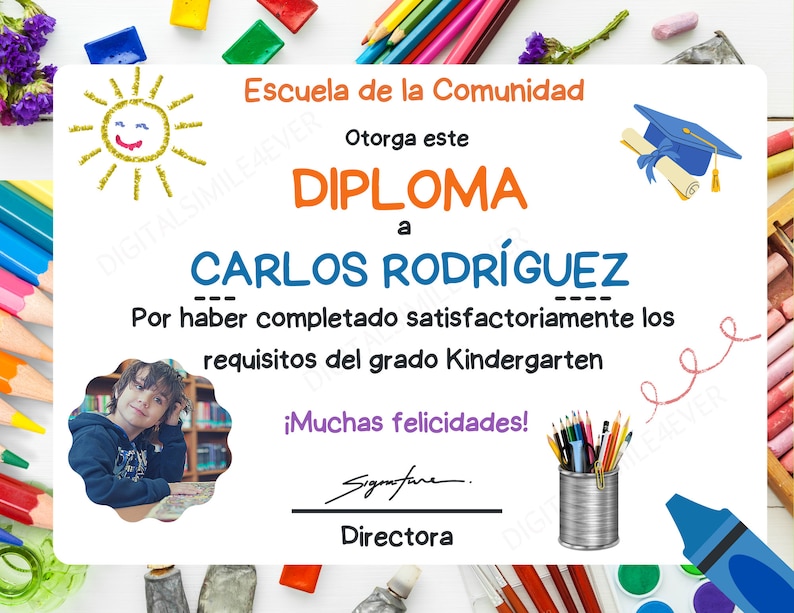 Diploma/Certificado español Personalizado fin de año escolar ...