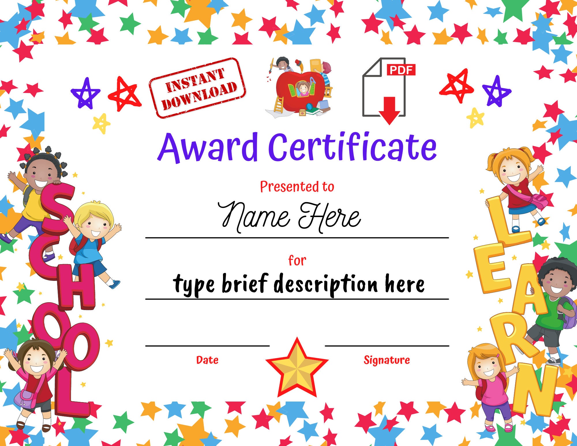 Award Certificate Stars Diploma School. Achievement Day - Etsy