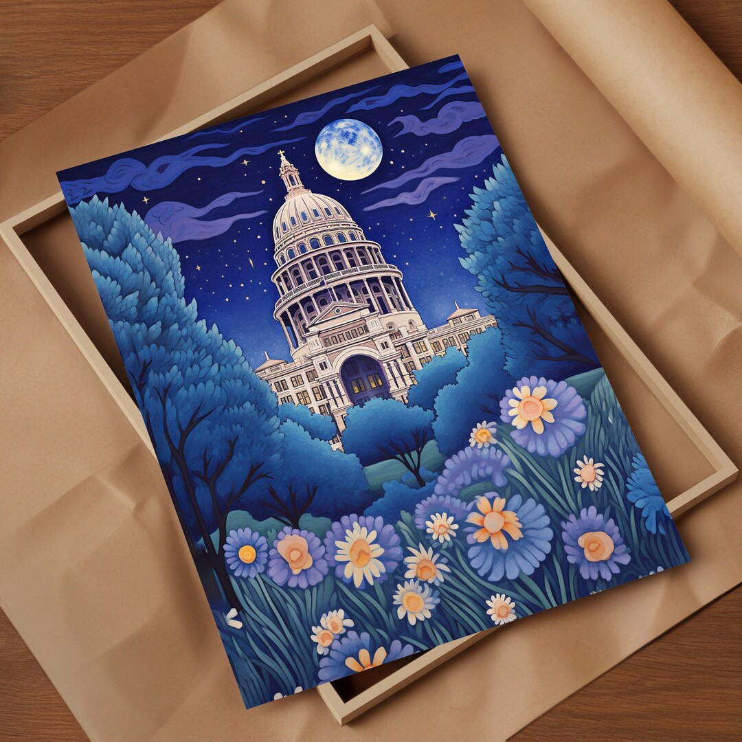 Bluebonnet Capital of Texas Night Scene Art Print Bold Lines Vibrant ...